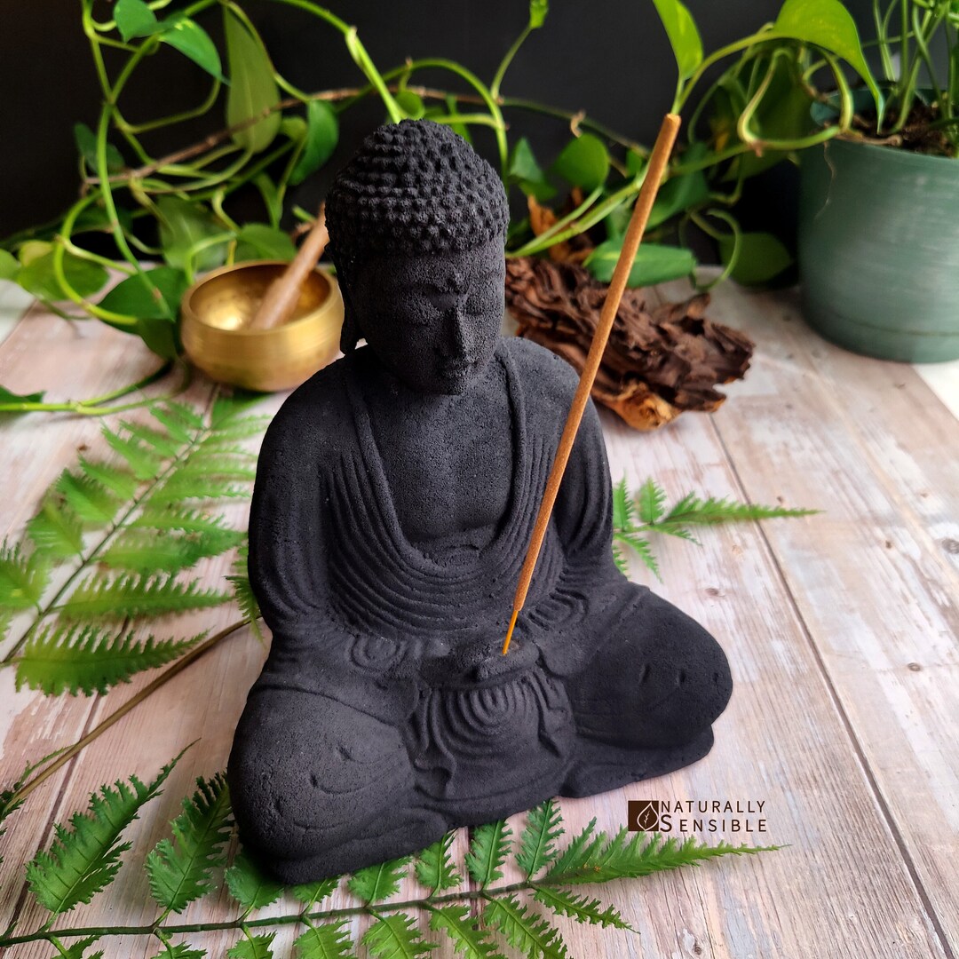 Volcanic Stone Meditating Buddha Incense Holder Statue, Black 8.5 ...
