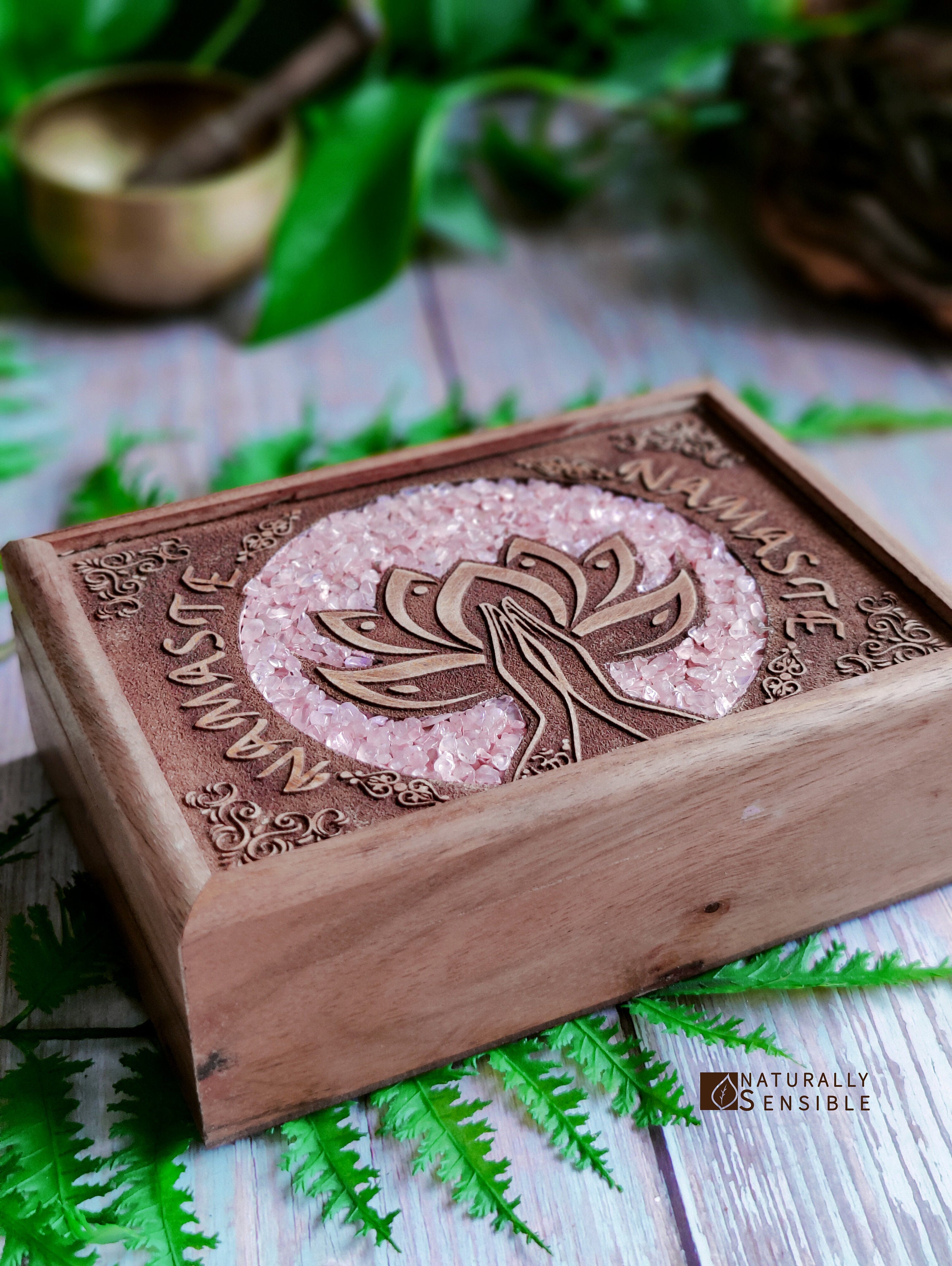Velvet Lined Box, Laser Etched Namaste, Rose Quartz Inlay, Wooden ...
