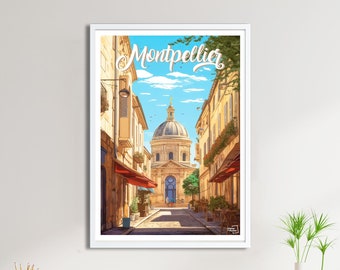 Affiche vintage ville de Montpellier Poster Illustration Tram boulevard ...