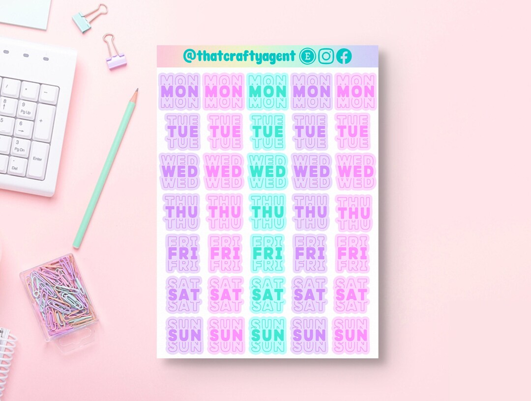 Days of the Week Planner Sticker Sheet 7A Pink Purple Teal Happy ...