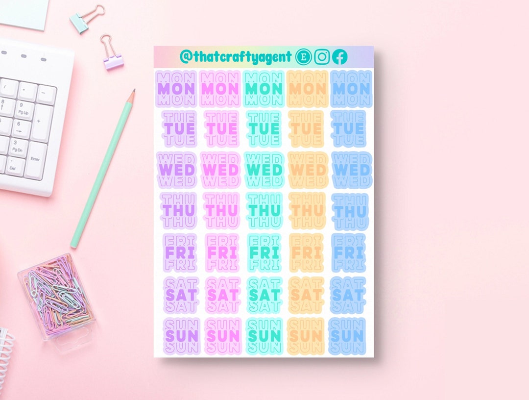Days of the Week Planner Sticker Sheet 7B Rainbow Pastel Happy Planner Life Planner Hobonichi ...