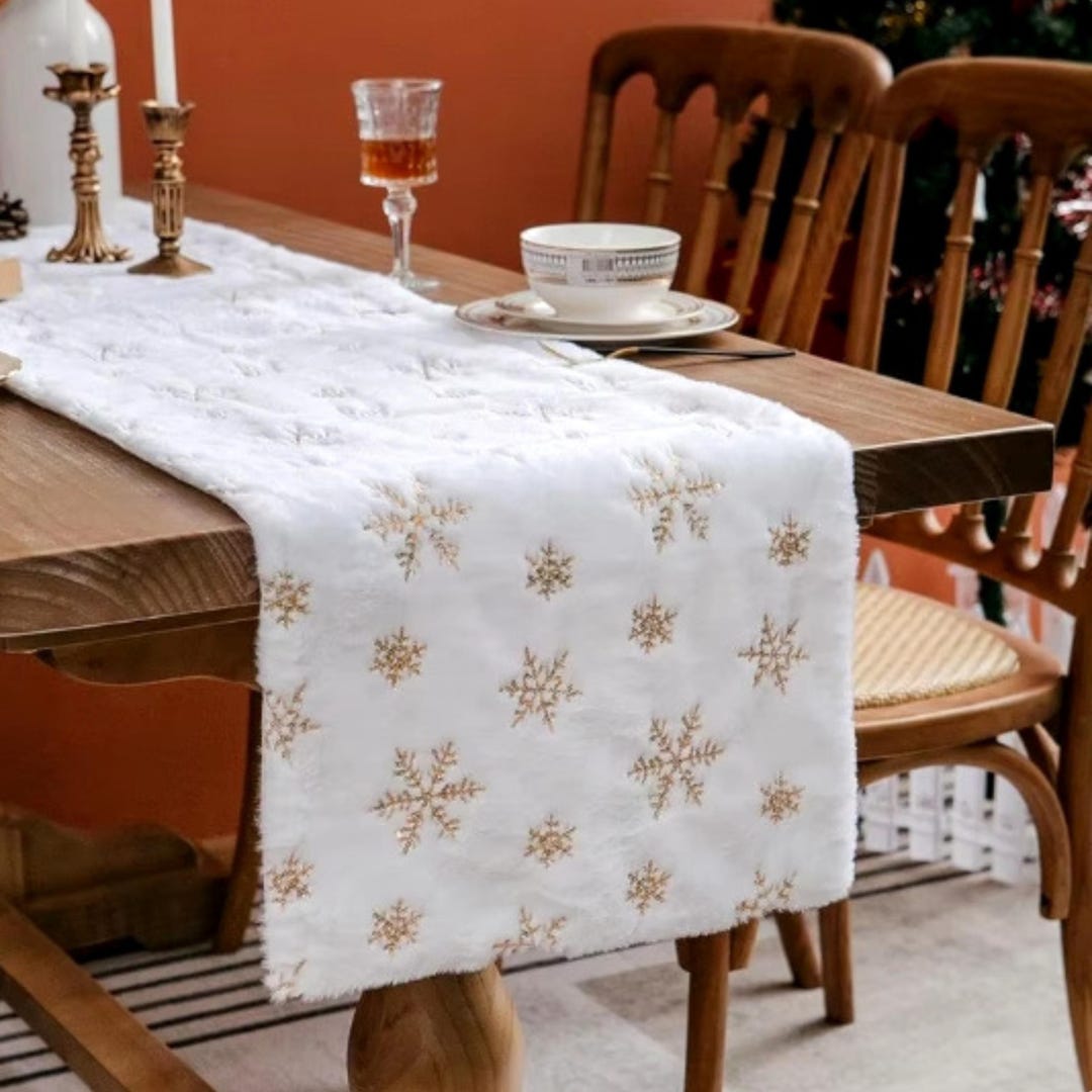 Winter Table Runner Faux Fur Gold Sequin Snowflake Christmas Dinner Table Decor Holiday Dining ...