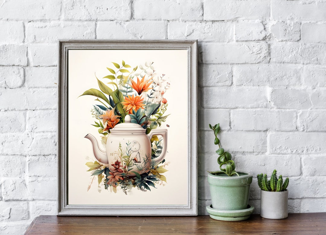 Teapot Floral Print, Printable Home Decor, Teapot Poster, Floral Wall ...