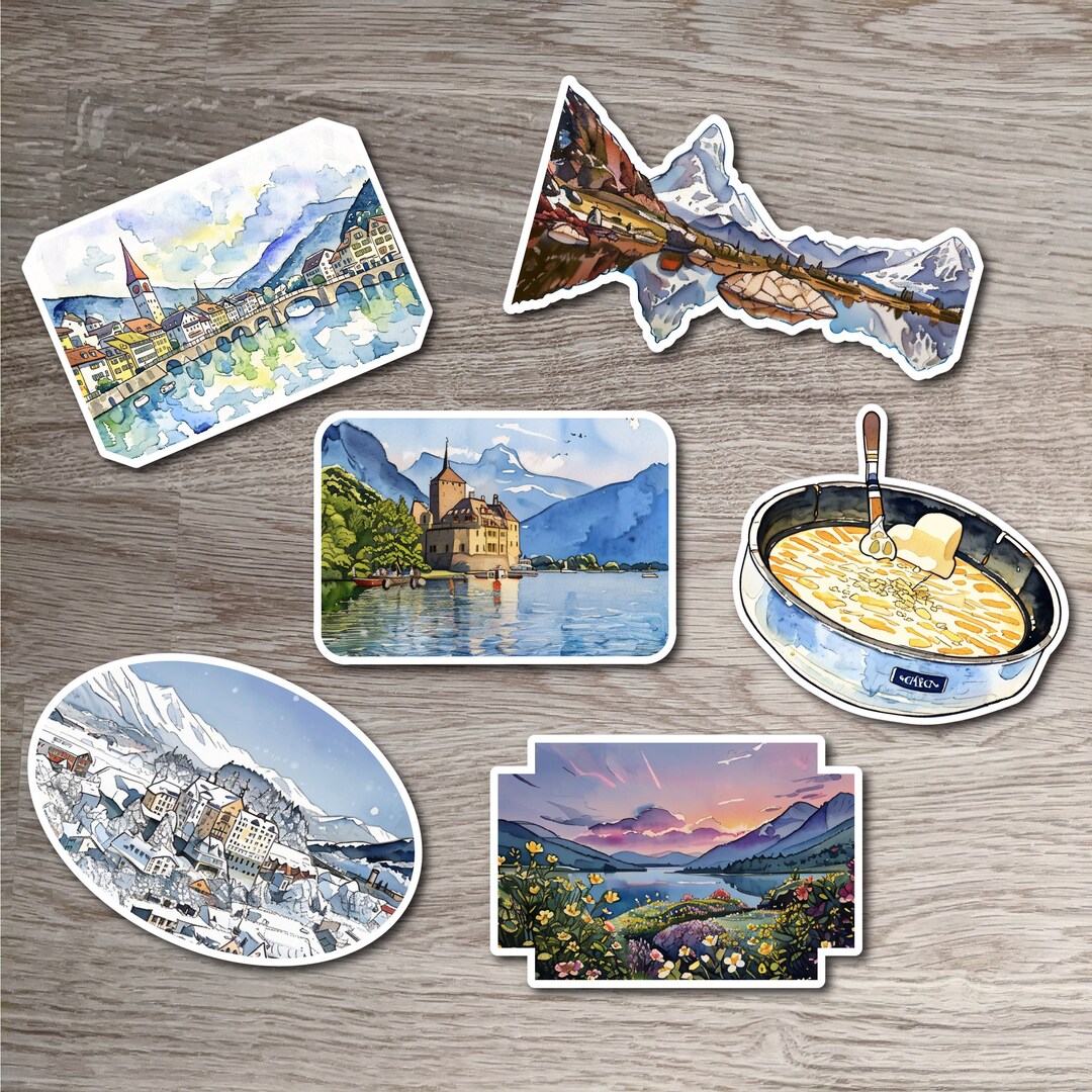 6 Stickers Travel to Switzerland Attractions Bundle, Cheese Fondue ...