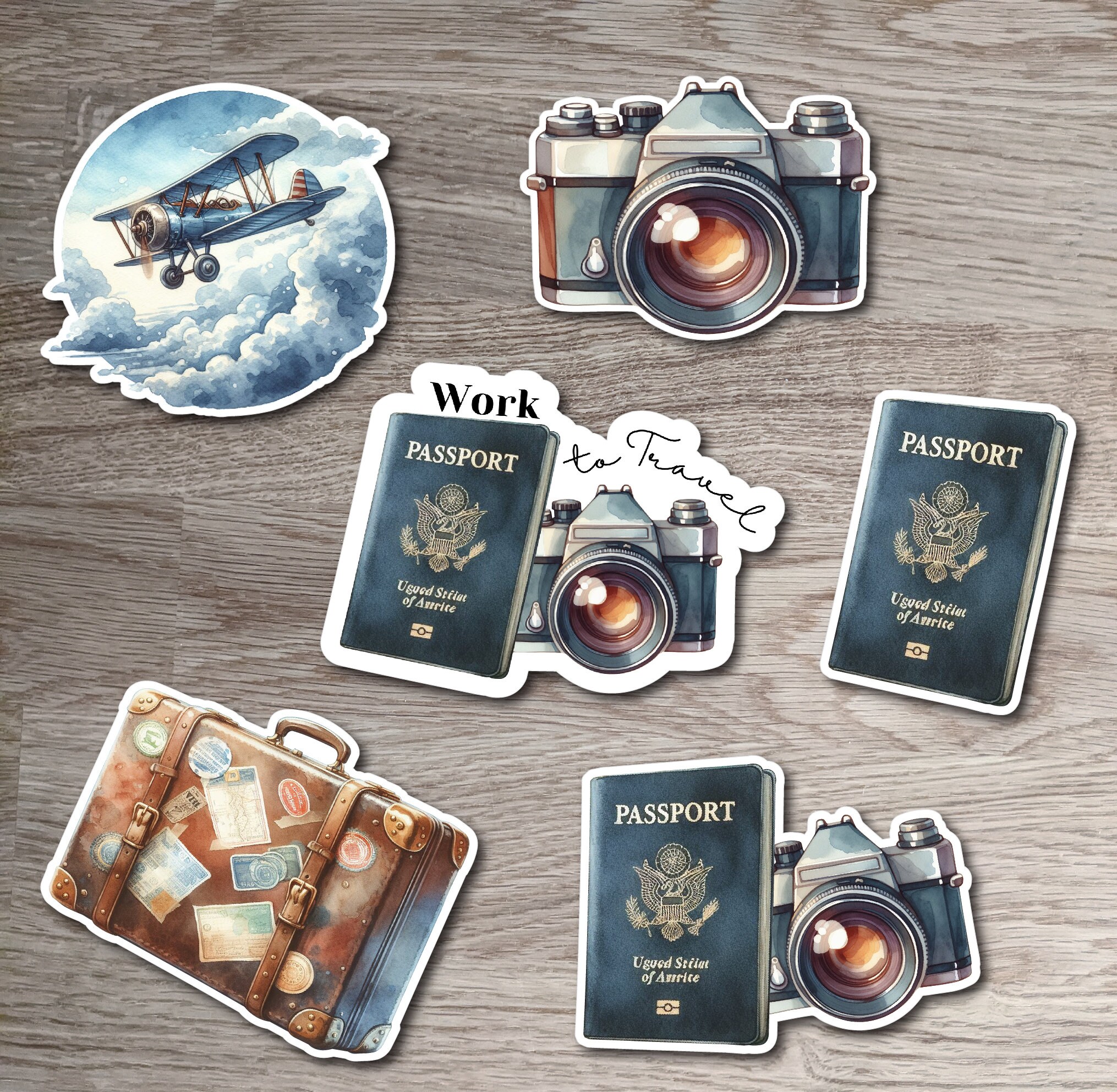 Work to Travel Sticker Bundle: Passport, Camera, Suitcase, Airplane ...