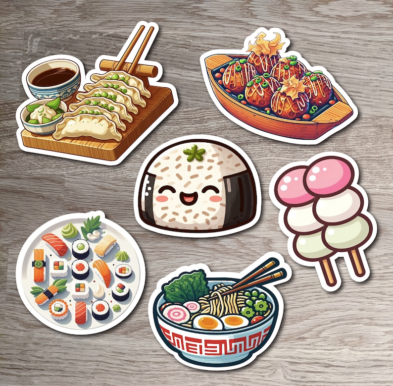 Japan Food Sticker Bundle, Fried Gyoza, Sushi Sashimi Platter, Dango ...