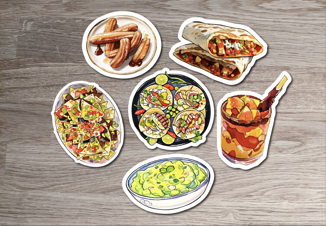 6 Sticker Pack Mexican Food Sticker Bundle, Chicken Quesadilla, Churros ...