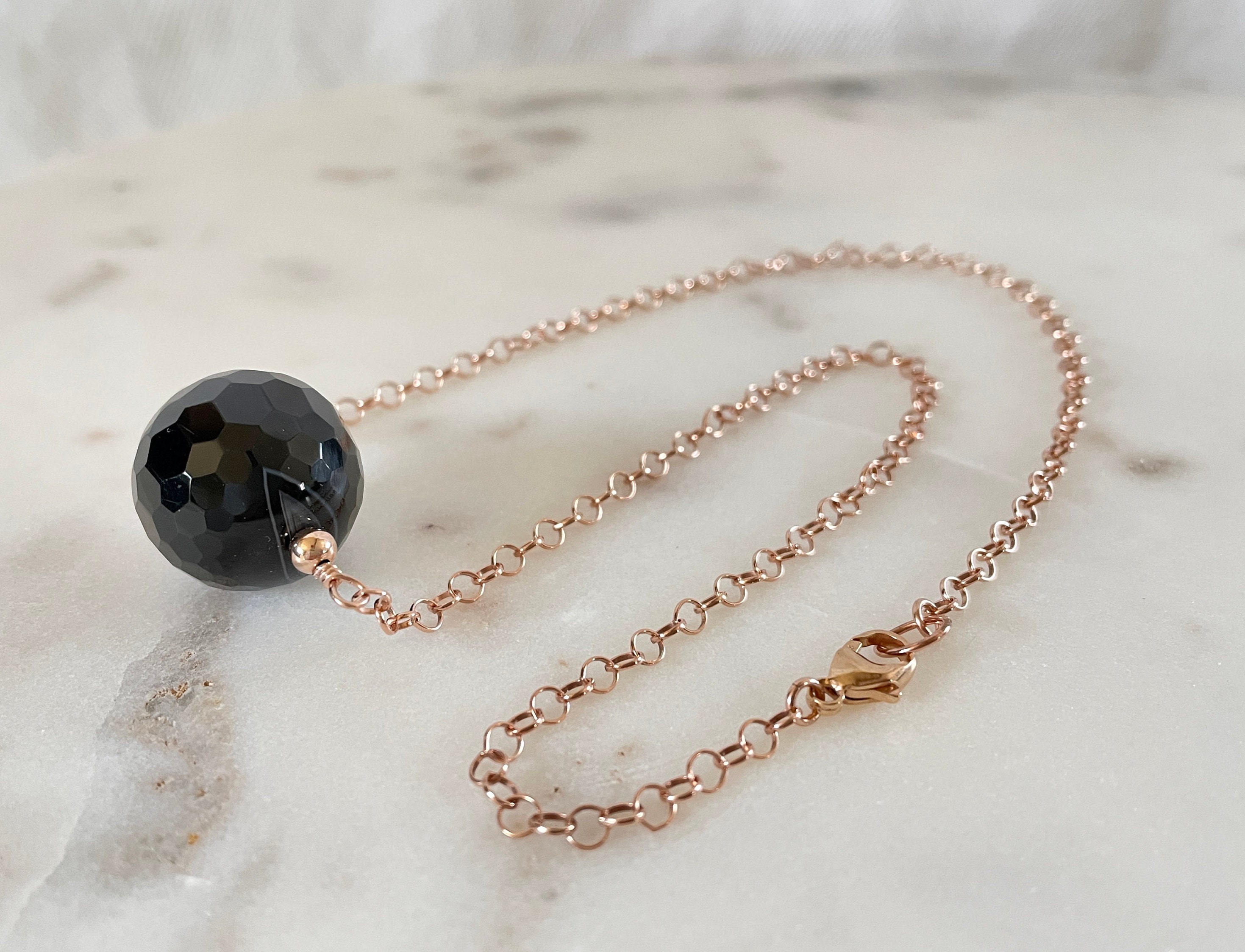 Rose Gold Filled Fine Rolo Chain With Large Faceted Black Agate Disco ...