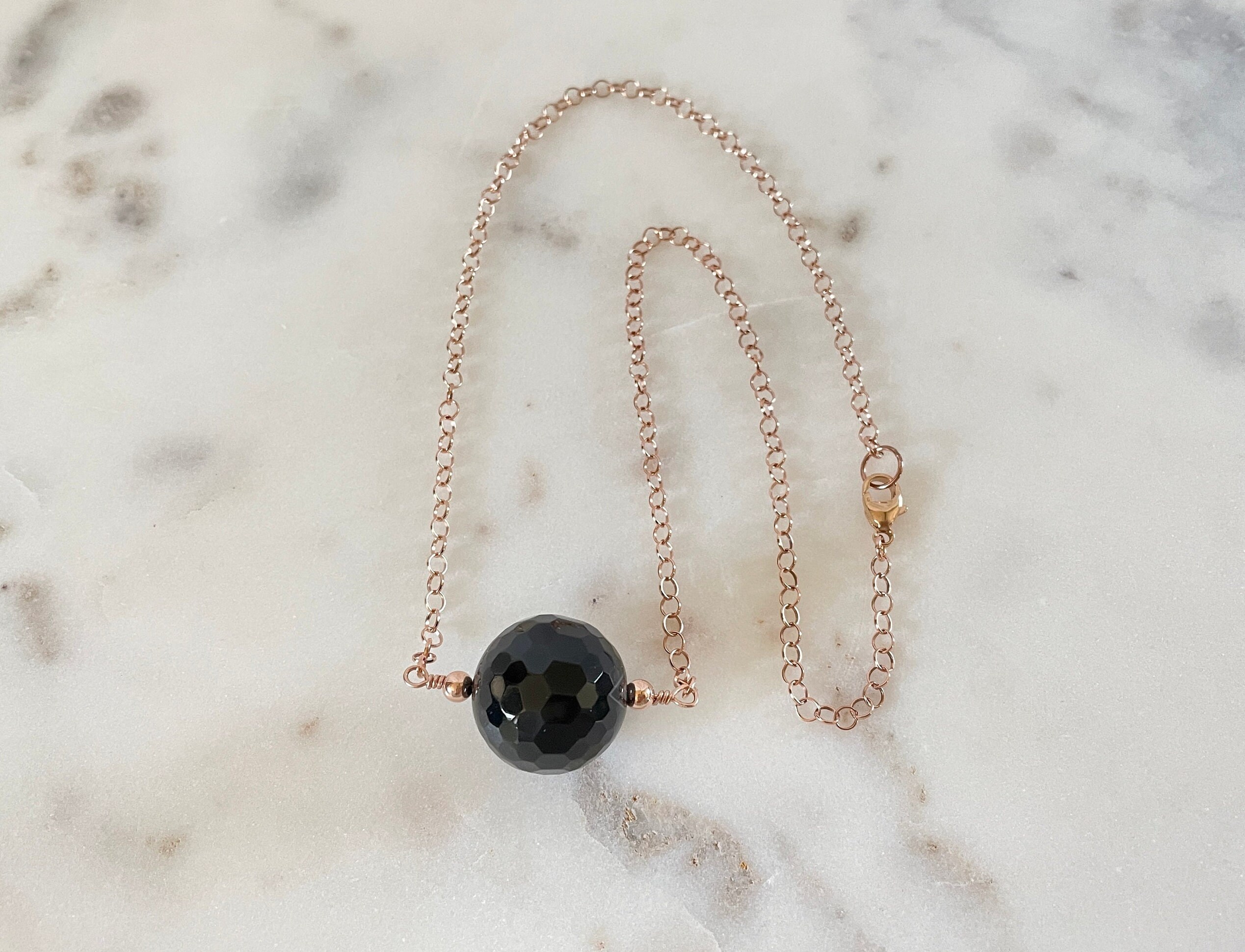 Rose Gold Filled Fine Rolo Chain With Large Faceted Black Agate Disco ...