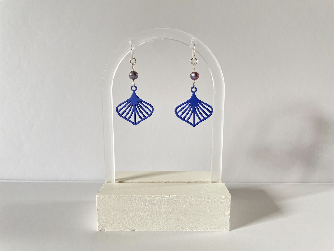 Beautiful Cerulean Blue Hued Fan Dangle Earrings With Peacock Blue Purple Pearls and Sterling ...