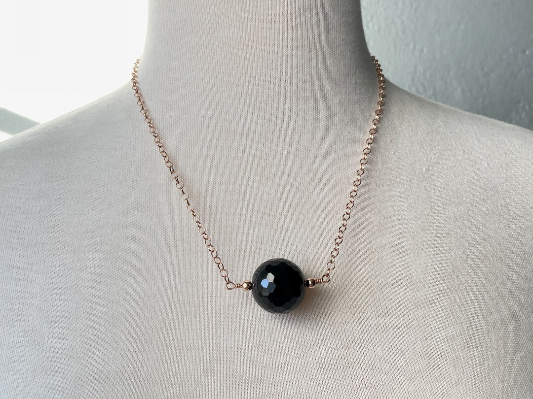 Rose Gold Filled Fine Rolo Chain With Large Faceted Black Agate Disco ...