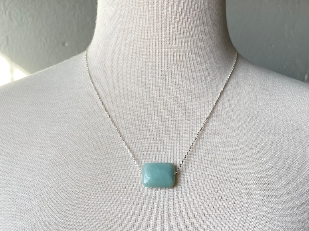Sterling Silver Beveled Drawn Oval Cable Chain With Large Dreamy Blue Amazonite Rectangle ...