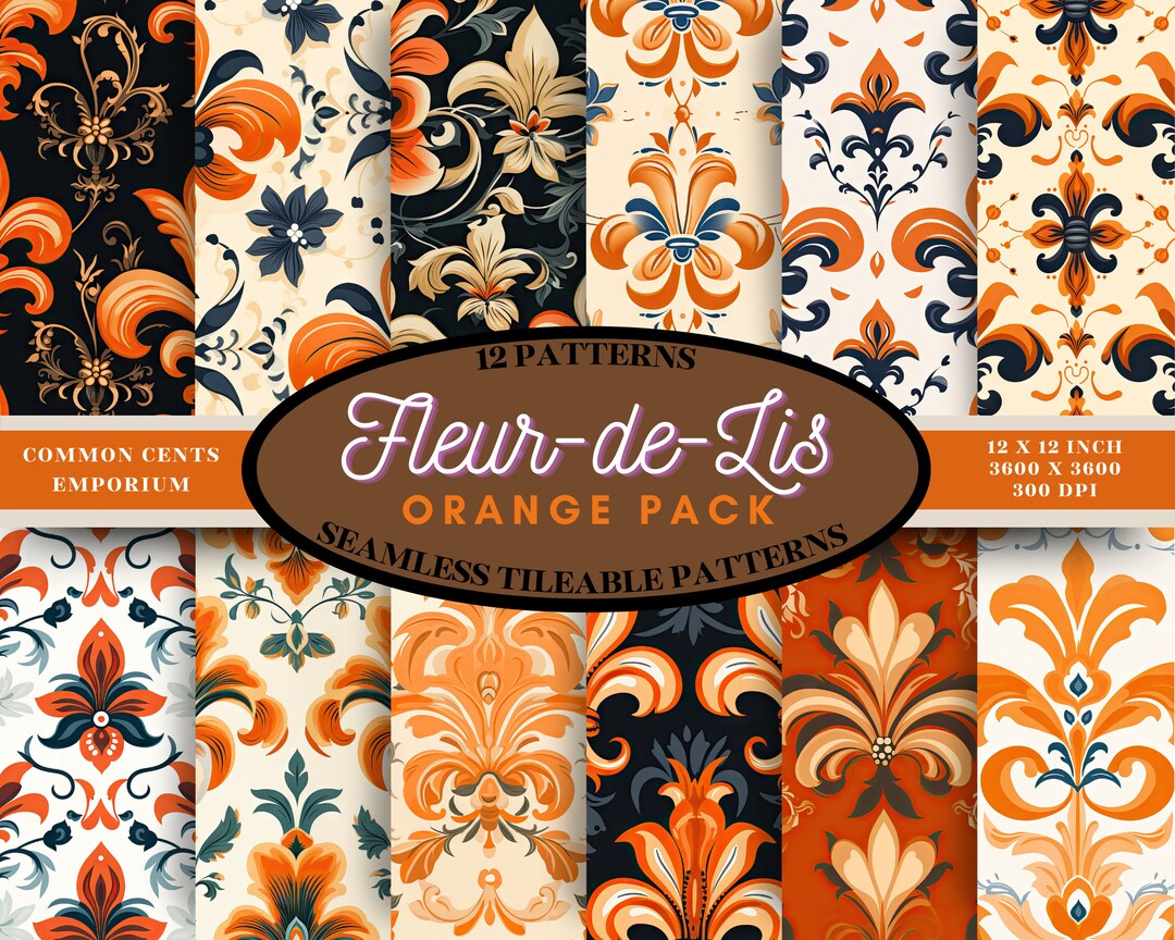 Fleur De Lis Orange Digital Paper, Seamless Pattern, Scrapbook Paper ...