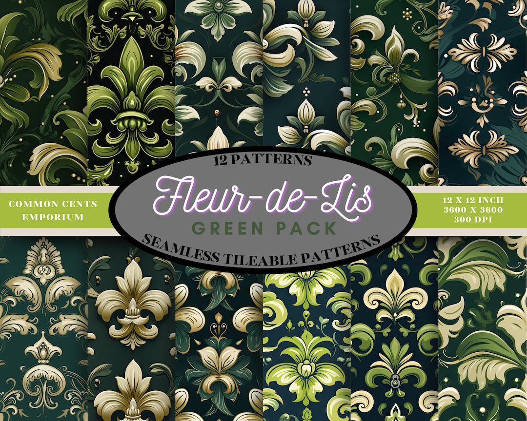 Fleur De Lis Green Digital Paper, Seamless Pattern, Scrapbook Paper ...