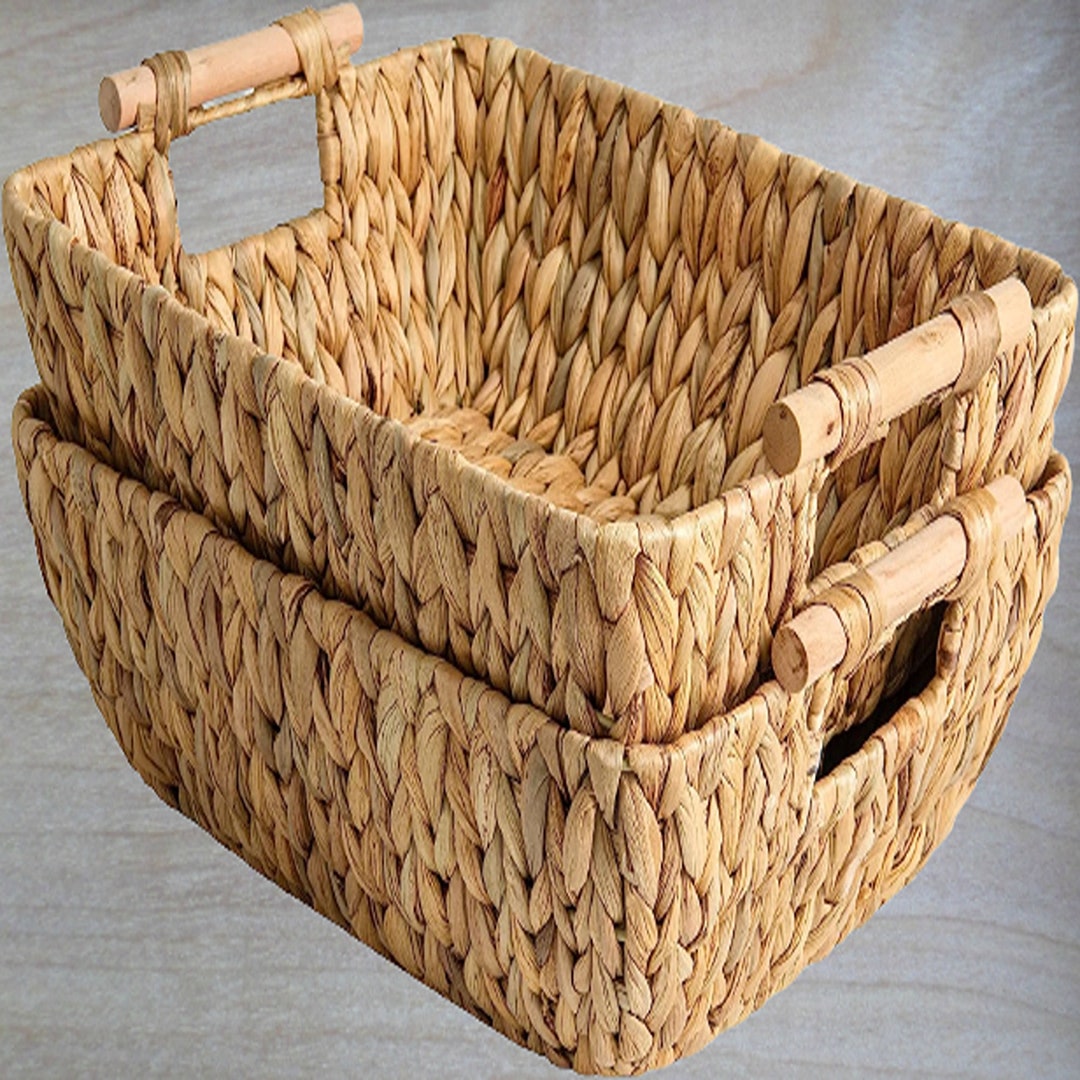 Hand Woven Jumbo Storage Baskets With Wooden Handles Water - Etsy