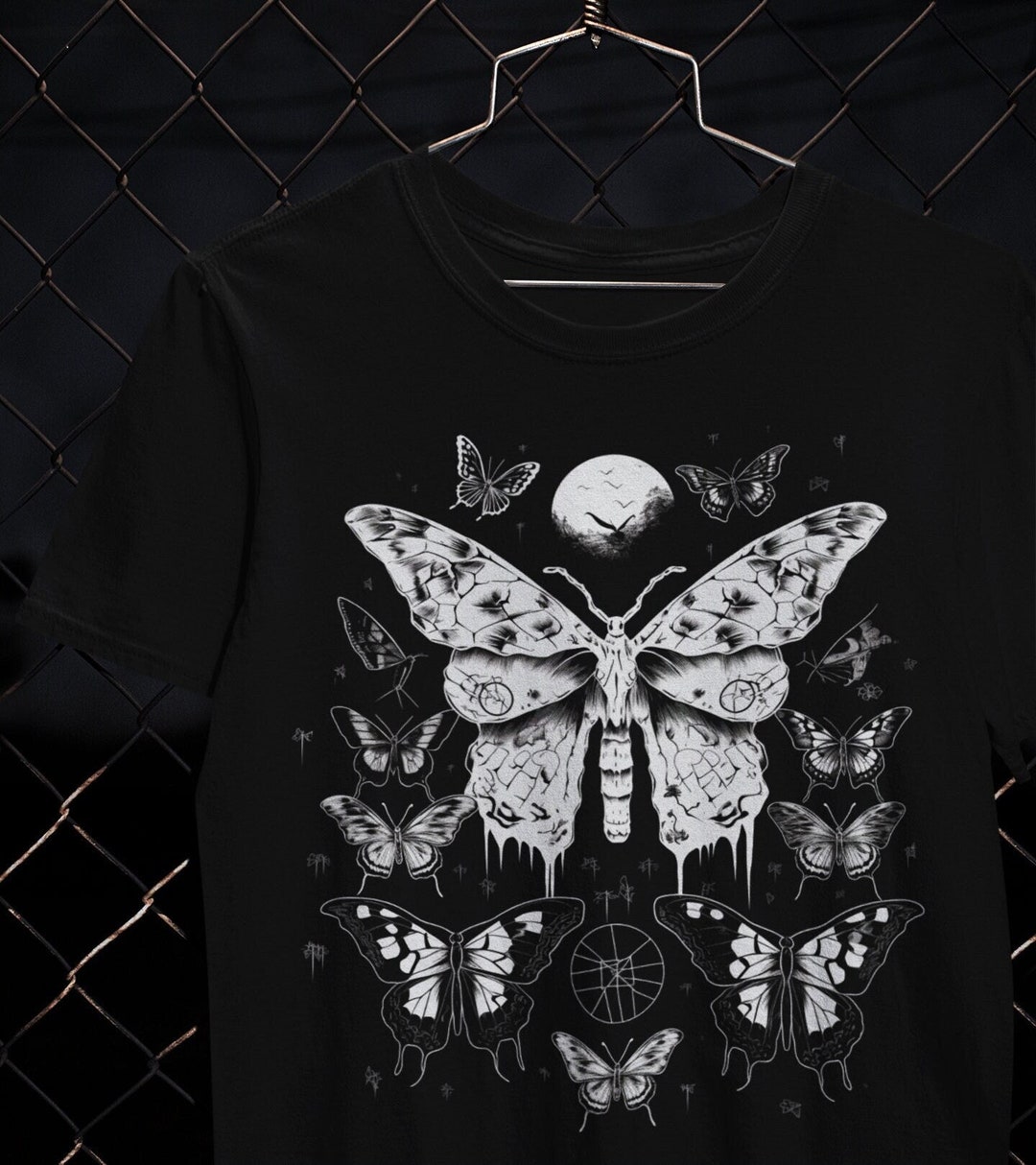 Goth Insects Print T-shirt, Goth Butterfly T-shirt, Embroidery Shirt ...