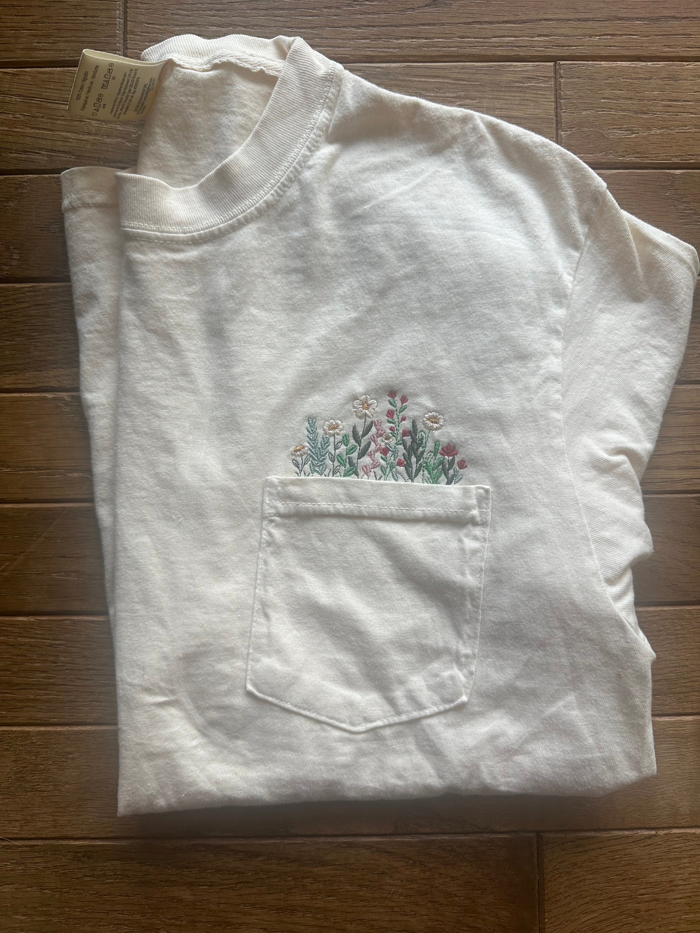 Wildflower Embroidered Pocket Tee Floral Flower T-shirt Shirt Comfort ...