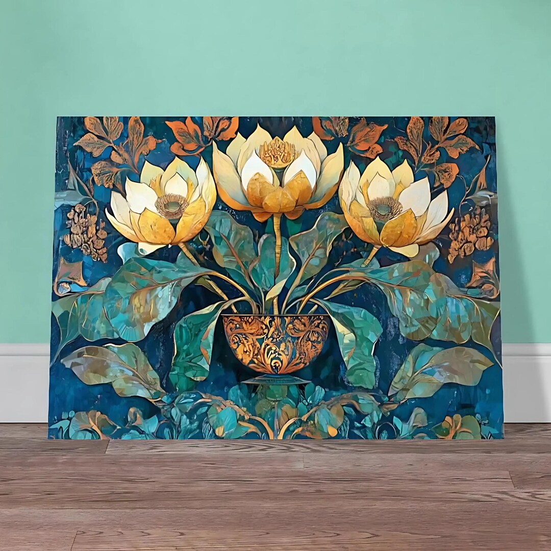 Lotus Flowers Art Nouveau Painting - Ornate Vase Still Life - Deep Blue ...