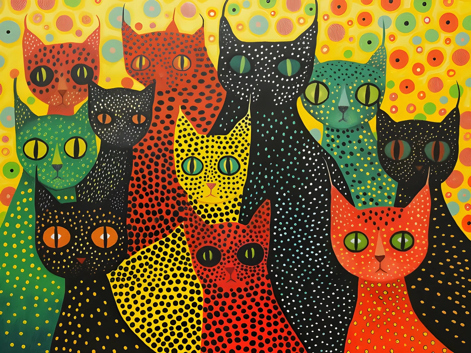 Set of 5 in 5K Cat Art, Yayoi Kusama Style, Colorful Cat Artwork, Cat ...