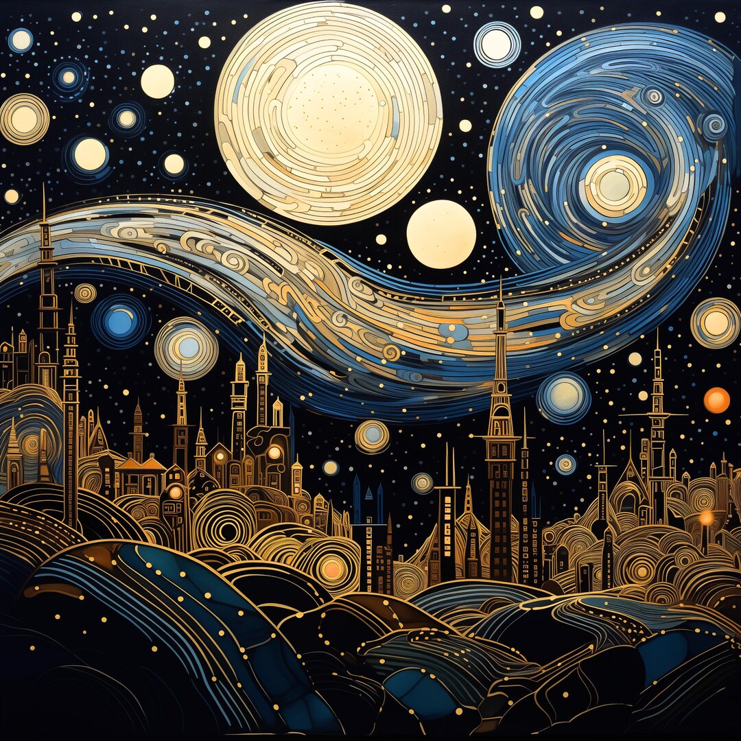 Celestial Klimt-style Abstract: Starry Sky Digital Downloads, Planets ...