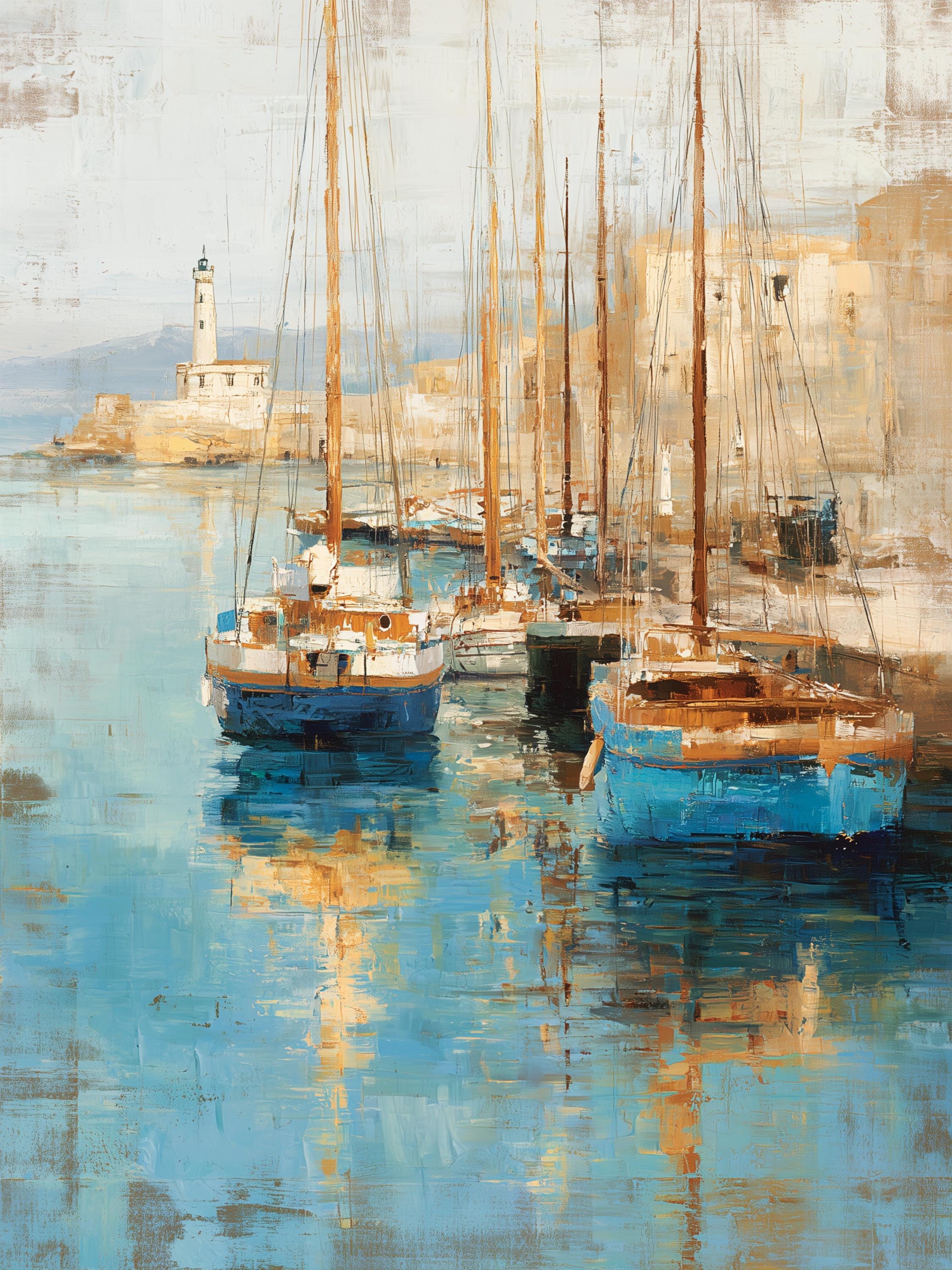 Mediterranean Harbor Boats Digital Art Set of 5, Coastal Sailing ...