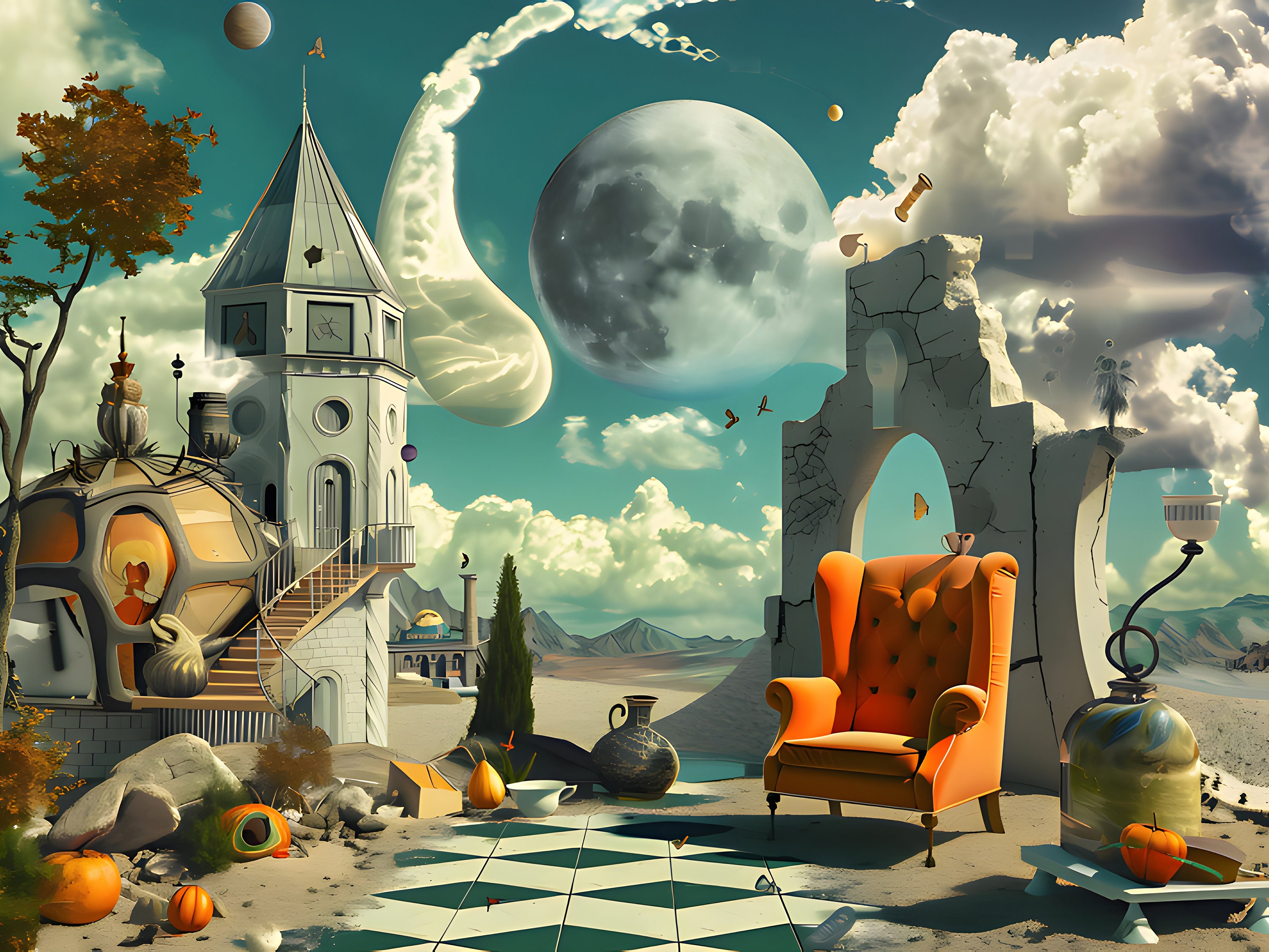 Set of 5 in 5K Surreal Digital Art Scenes With Unconventional Items and ...