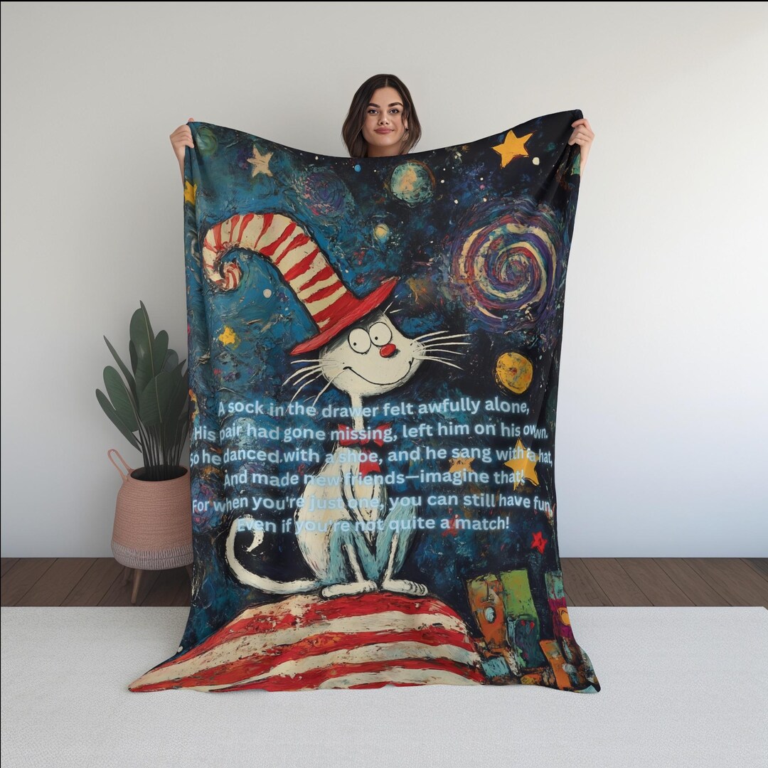 Dr. Seuss Inspired Cat in the Hat Velveteen Blanket Whimsical Starry ...