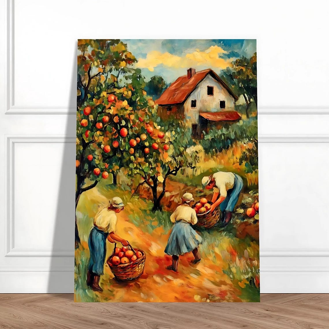Rustic Farmhouse Scene With Apple Pickers at Golden Hour - Countryside ...