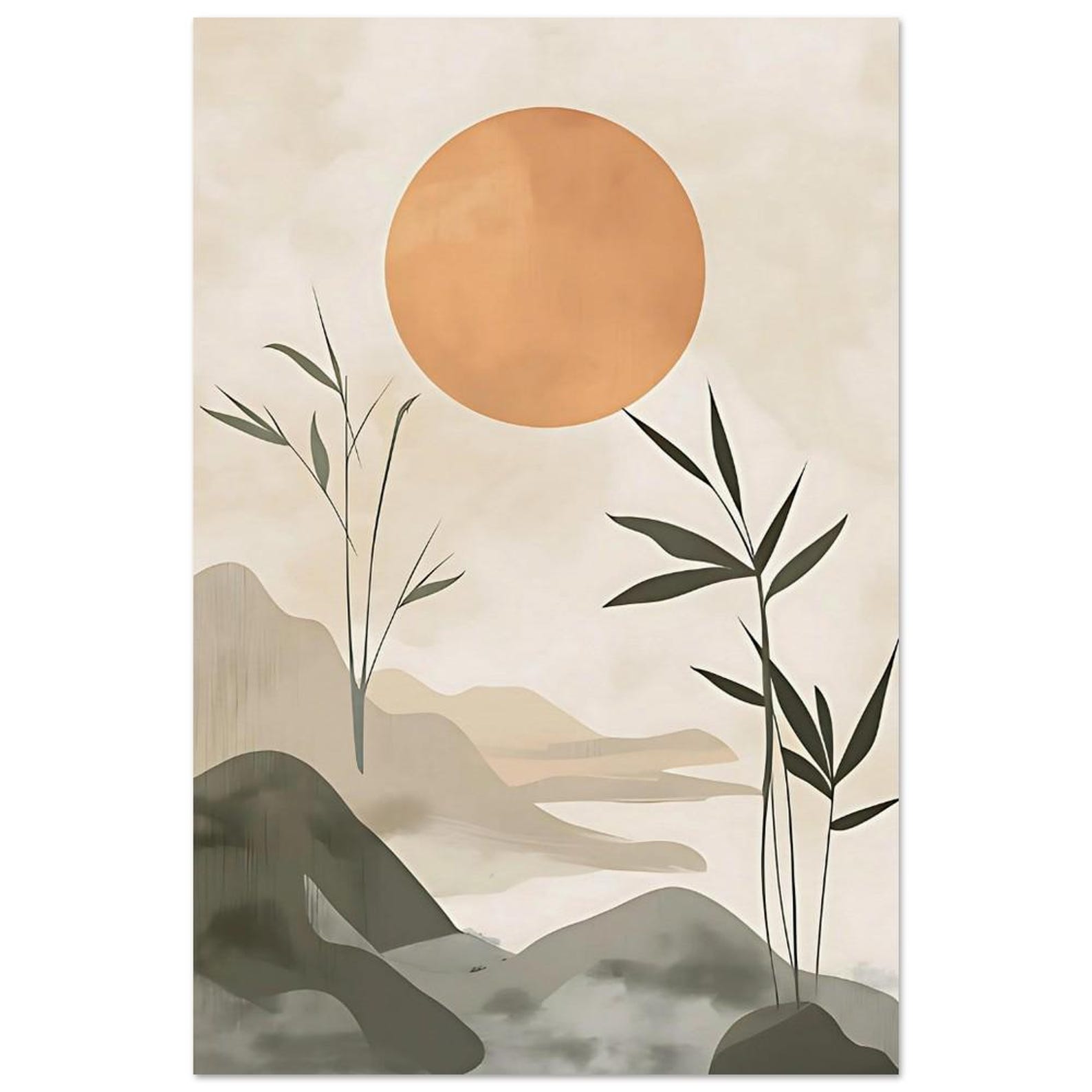 Museum Quality Japandi Wall Art: Minimalist Landscape With Abstract Sun ...