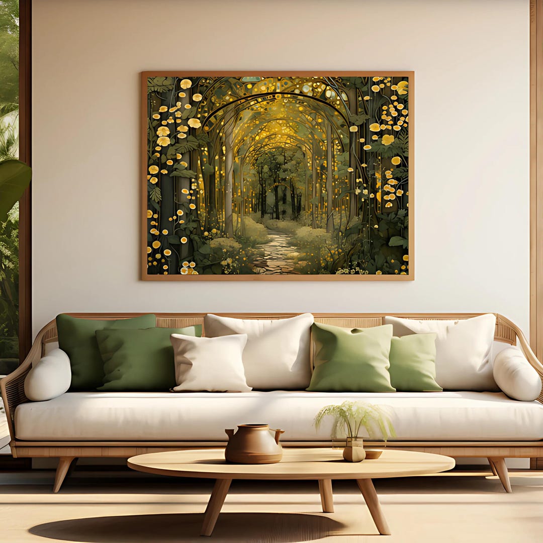 Golden Light Forest Print: Enchanting Dandelion Arches, Stone Path ...