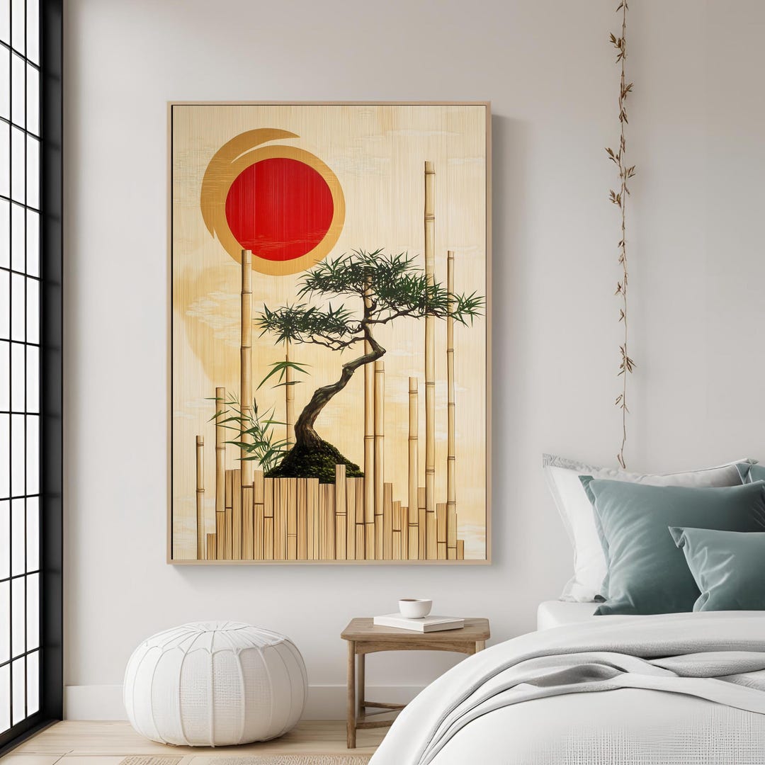 Japanese Bonsai Art Print, Zen Bamboo Wall Decor, Red Sun Minimalist ...
