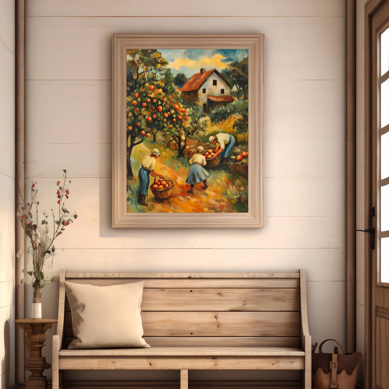 Rustic Farmhouse Scene With Apple Pickers at Golden Hour - Countryside ...