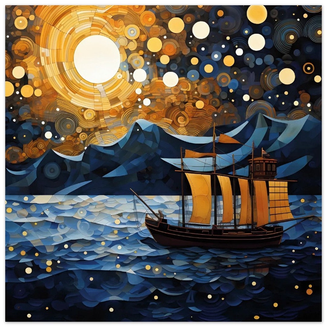 Premium Nautical Design, Starry Night Shoreline Art, Van Gogh Style ...