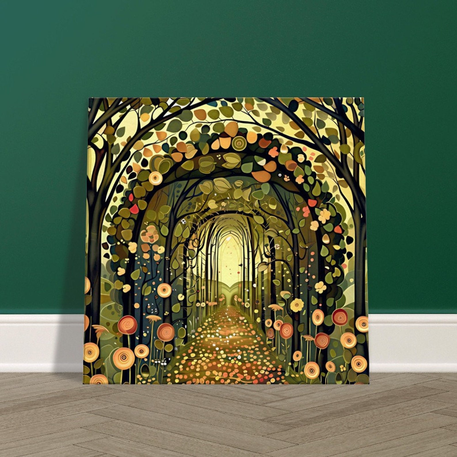 Enchanting Forest Canvas Arched Trees, Art Nouveau Blooms, Warm Shades ...