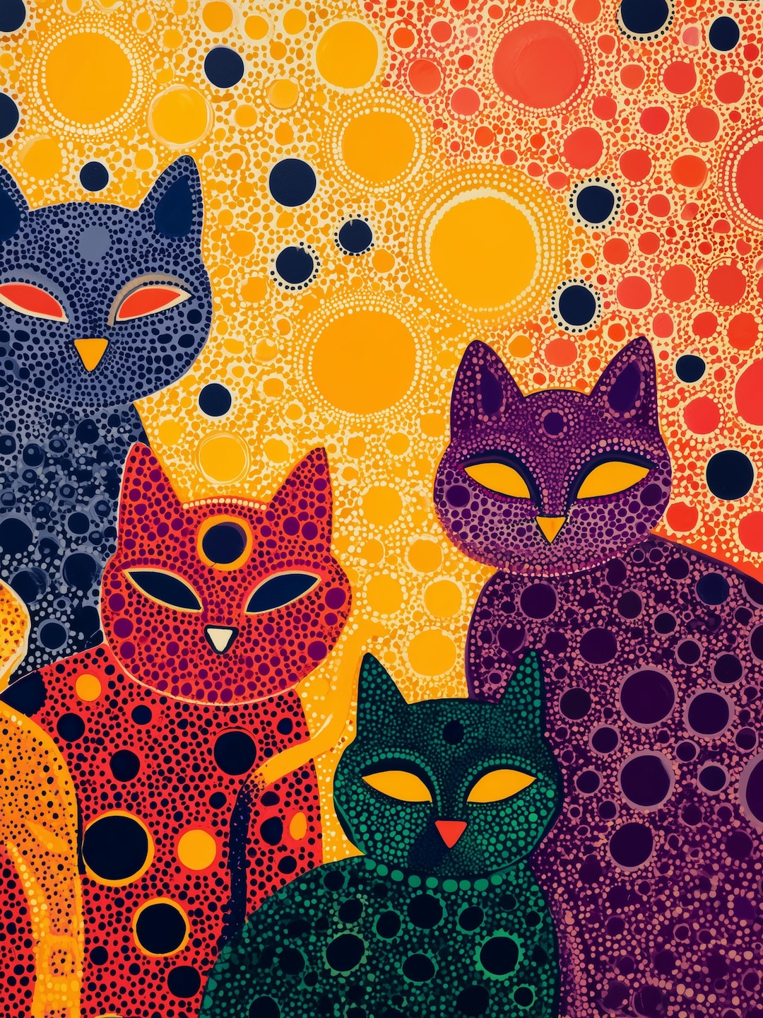 Yayoi Kusama Style Cat Art Set - 5 Polka Dot Feline Prints - Digital ...