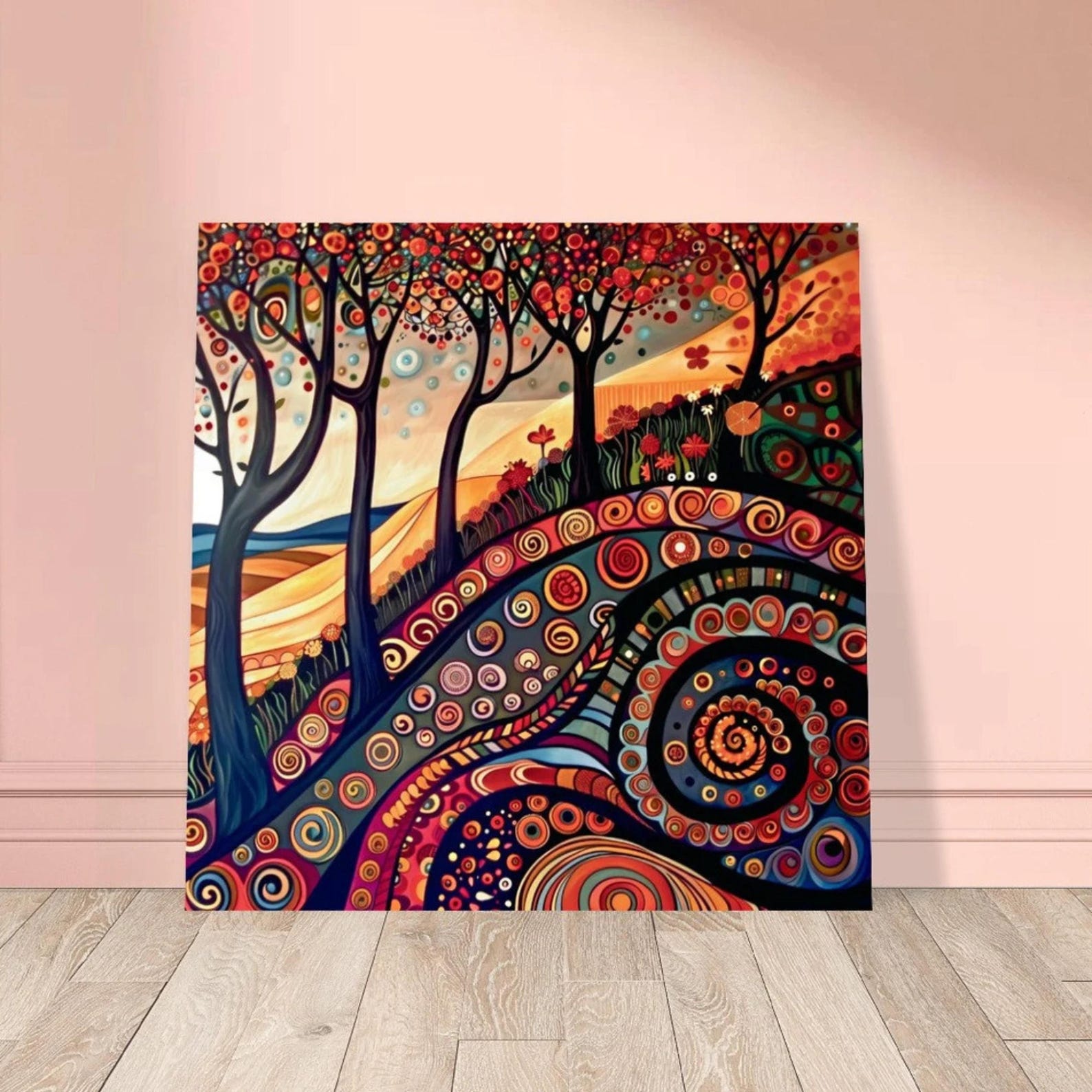 Joyful Autumn Landscape - Folk Art Inspired - Vibrant Trees & Swirls ...