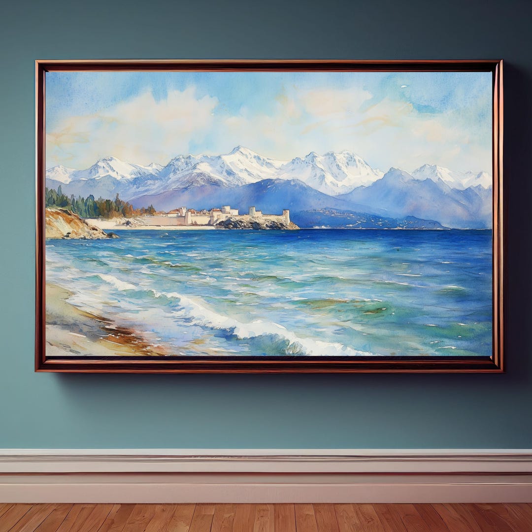 Mediterranean Coastal Watercolor Print - Snow Mountain Seascape - Beach ...