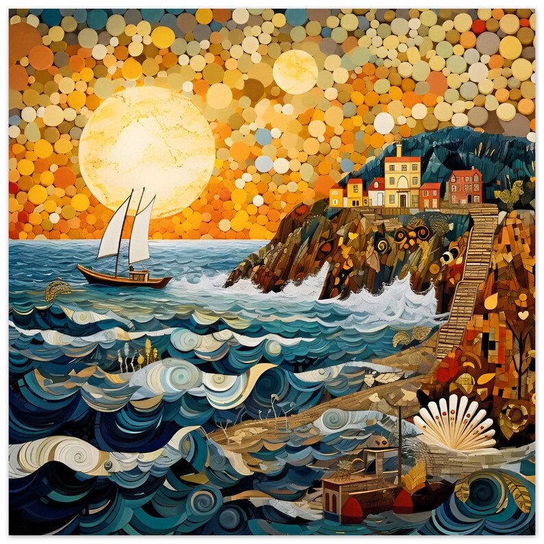Nautical Themed Gustav Klimt Style Print, Sailboat Wall Art, Coastal ...