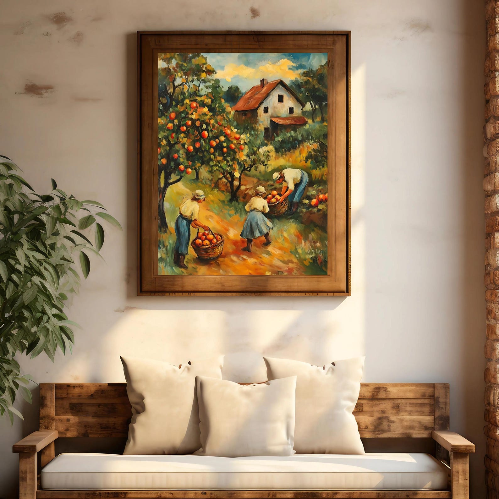 Rustic Farmhouse Scene With Apple Pickers at Golden Hour - Countryside ...