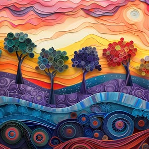 Vibrant Sunset Quilled Paper Tree Art - Set of 5 Digital Downloads ...