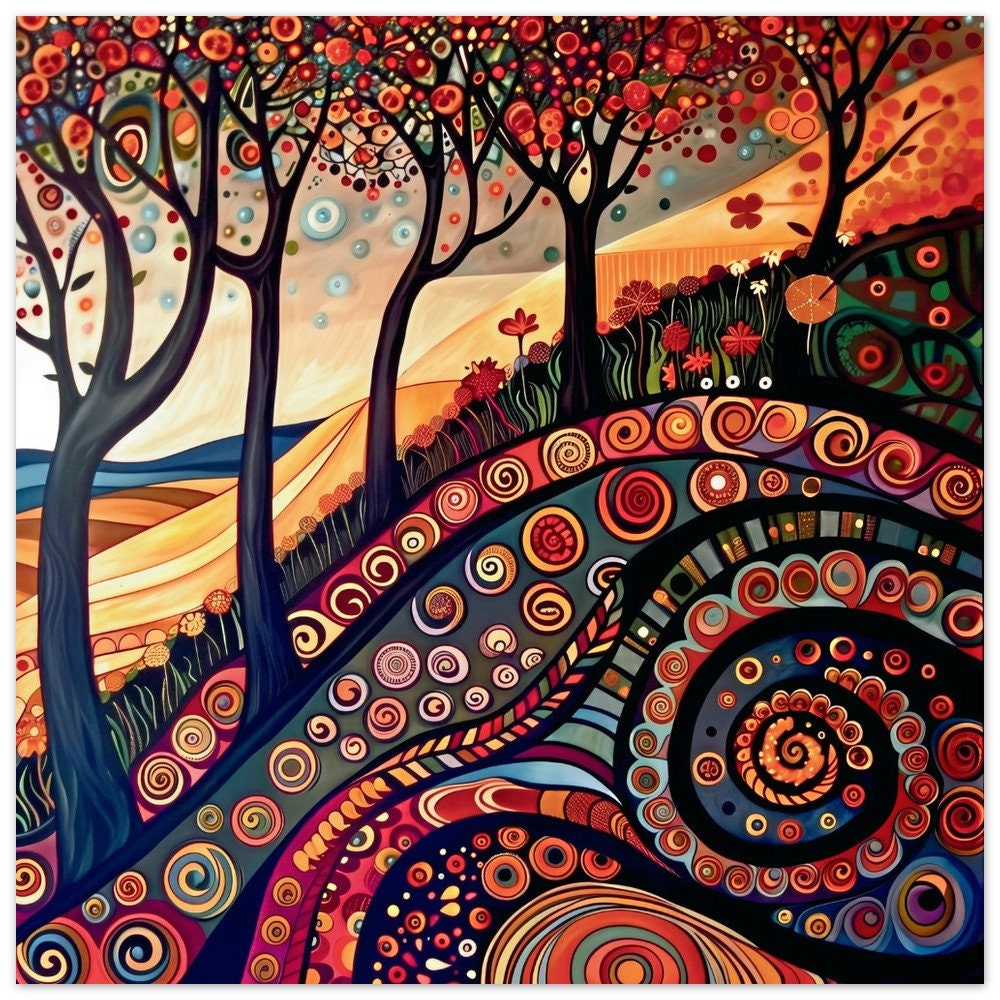 Joyful Autumn Landscape - Folk Art Inspired - Vibrant Trees & Swirls ...