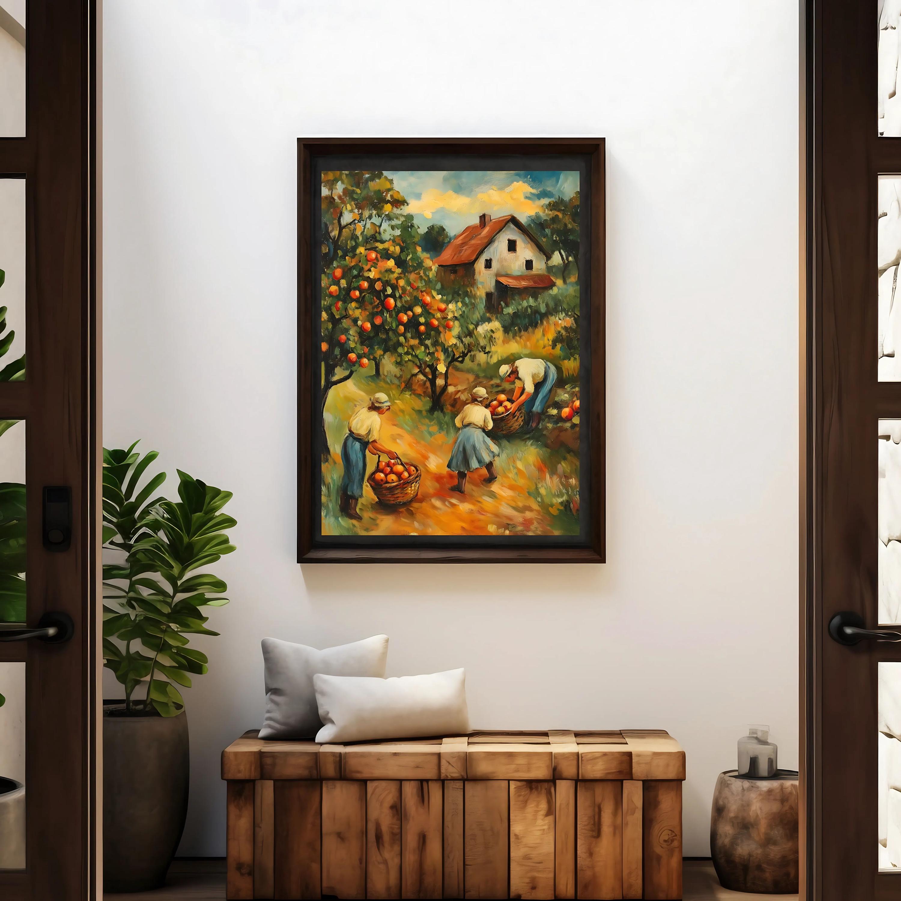 Rustic Farmhouse Scene With Apple Pickers at Golden Hour - Countryside ...