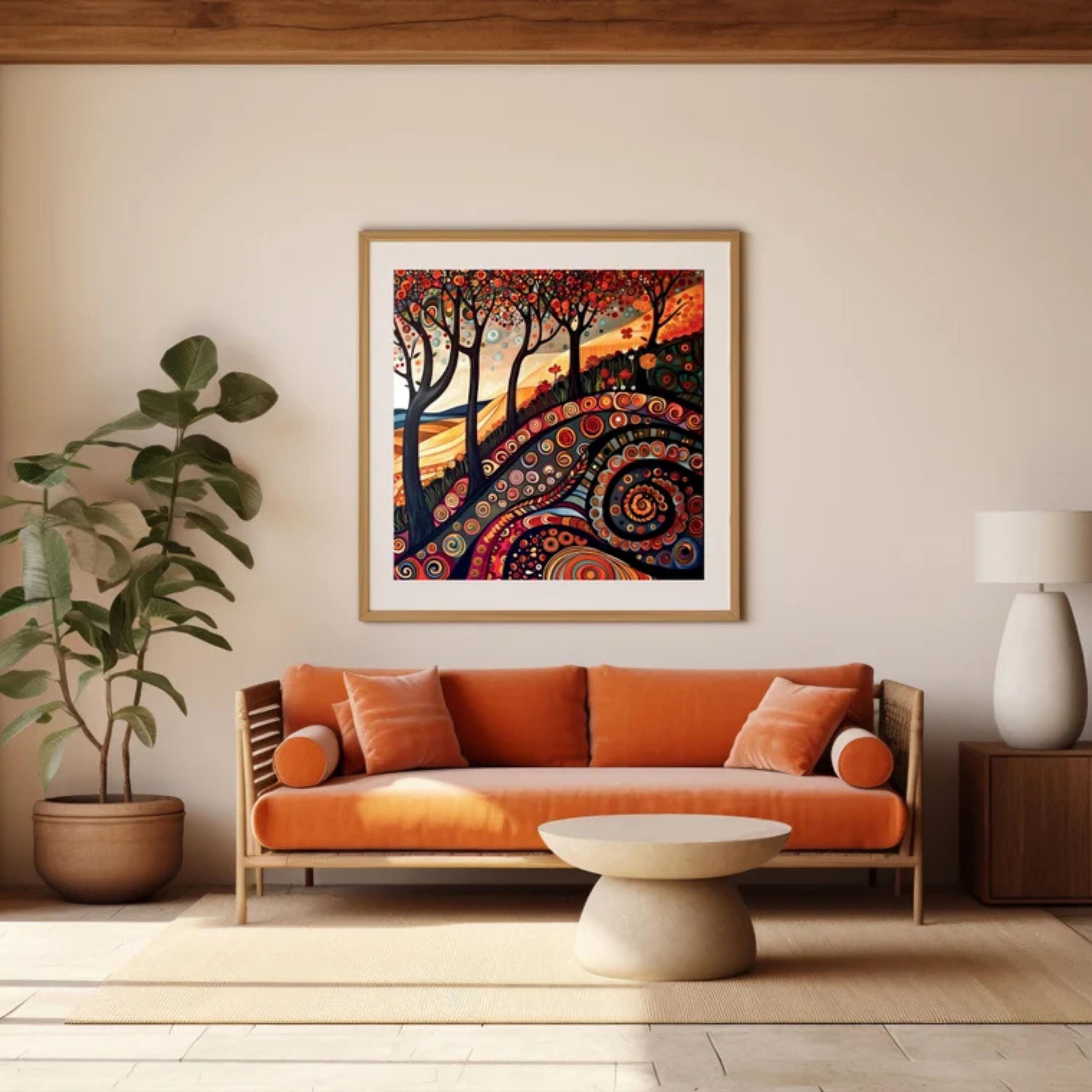 Joyful Autumn Landscape - Folk Art Inspired - Vibrant Trees & Swirls ...