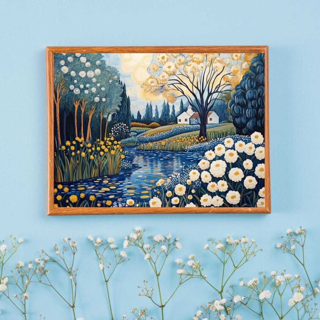 Naive Landscape Painting - Riverside Cottage With Wildflowers - White ...