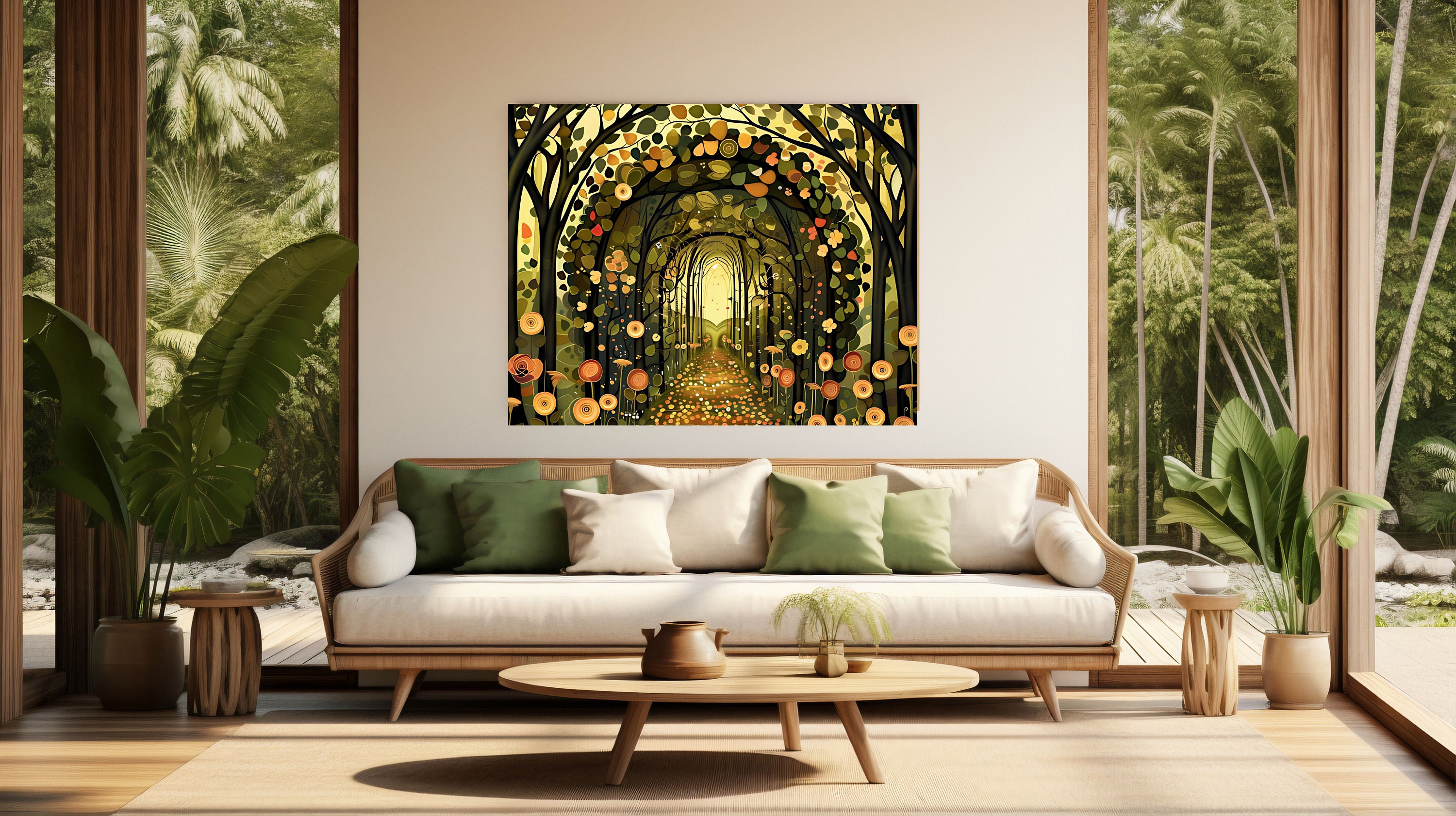 Enchanting Forest Canvas - Arched Trees, Art Nouveau Blooms, Warm ...