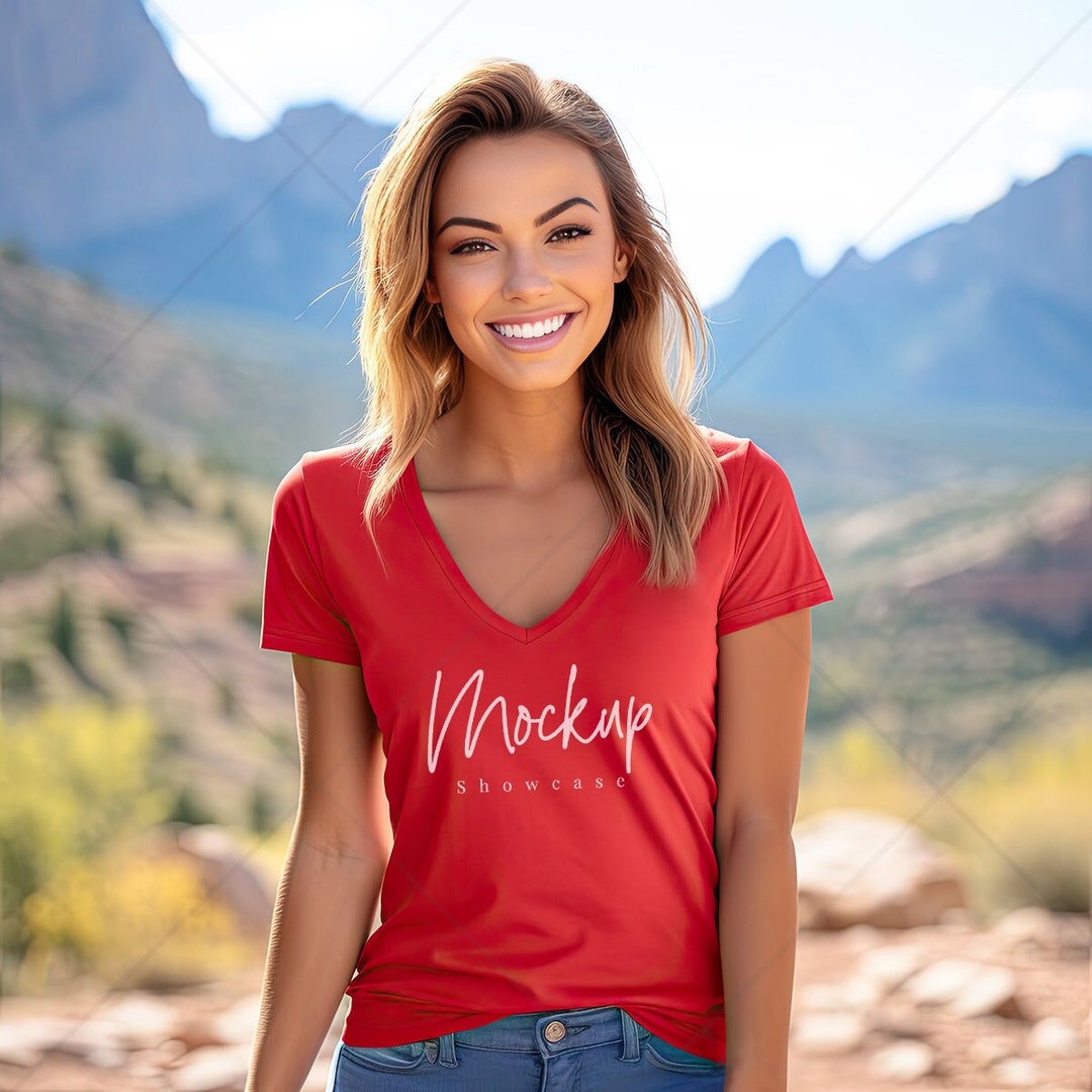 Red 6035 V-neck Mock up Bella Canvas, V-neck Womens T-shirt, Mockup ...
