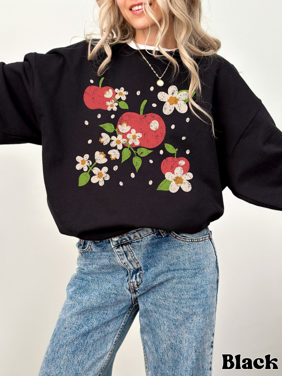 Retro Apple Sweatshirt Apples and Flowers Crewneck Sweater Fruit ...