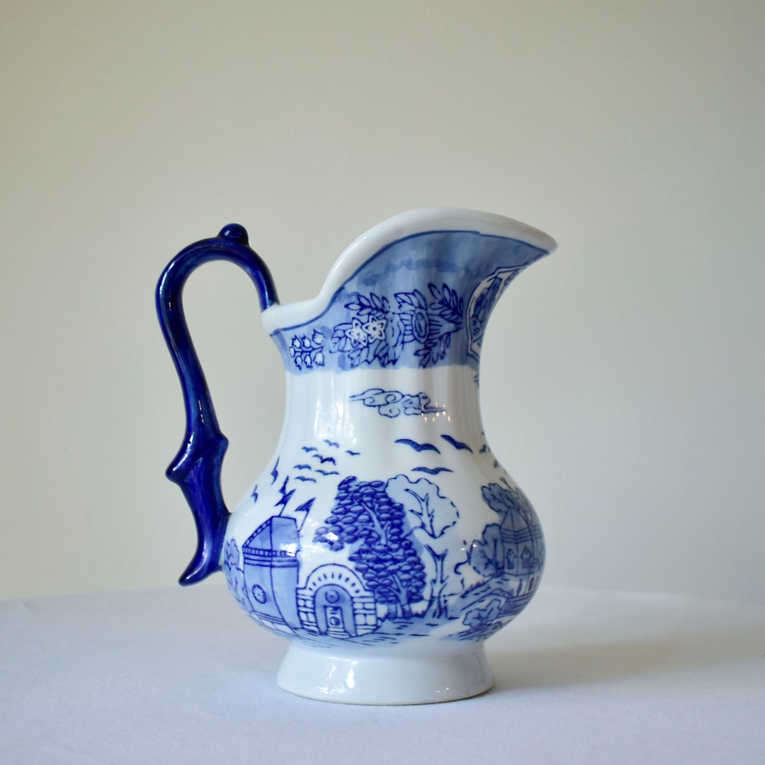 Vintage Handpainted Blue and White Porcelain Pitcher, Vintage Blue ...