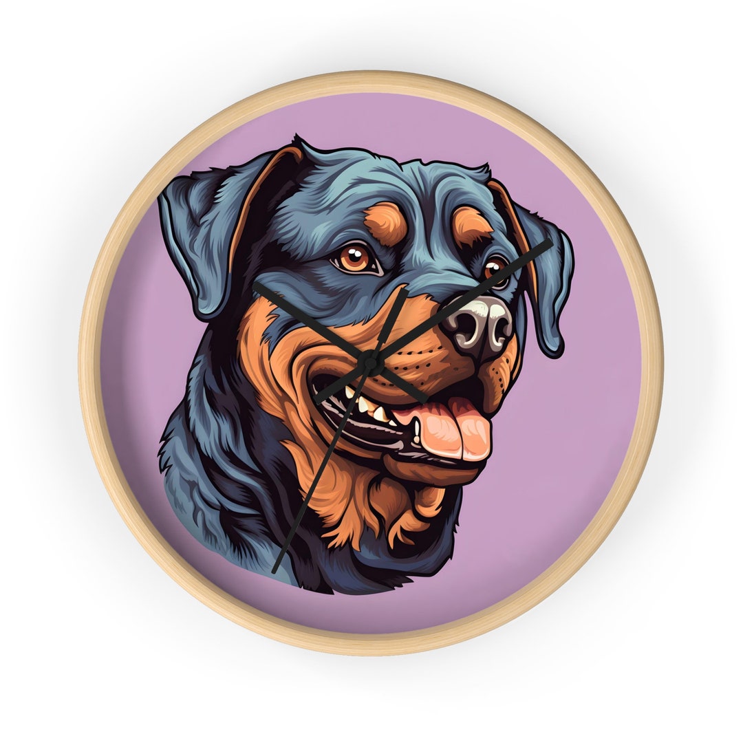 Adorable Rottweiler Wall Clock With Neutral Shades and Purple ...