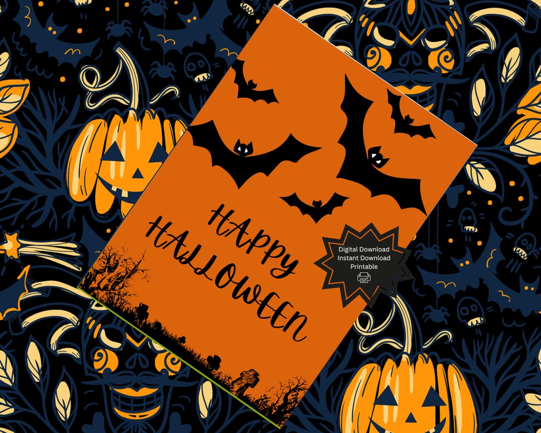 Digital Printable Halloween Card Bats and Cat Printable Halloween Card ...